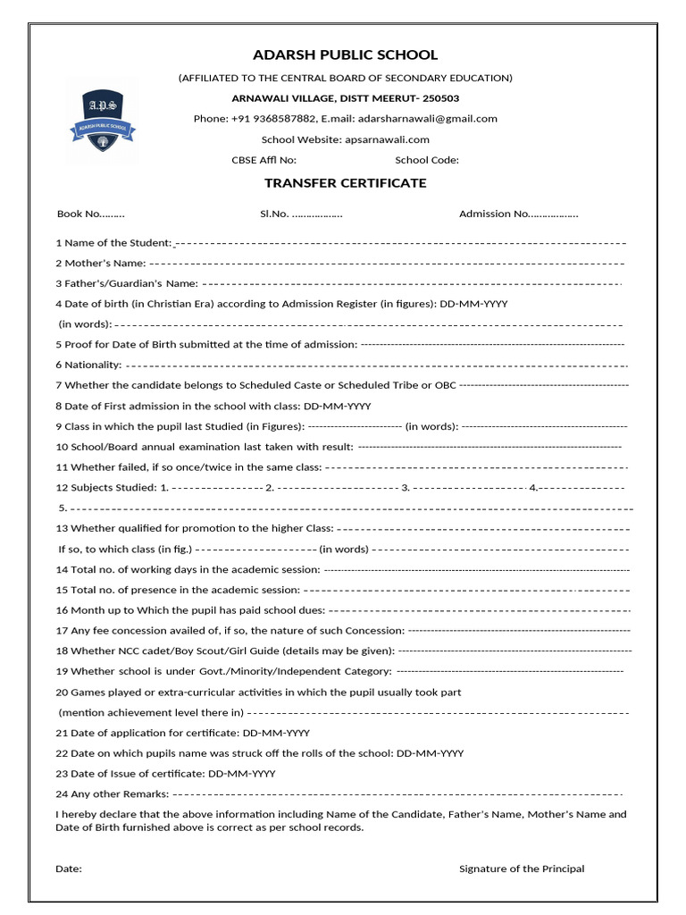 Transfer Certificate Application Format | PDF | Educational Stages