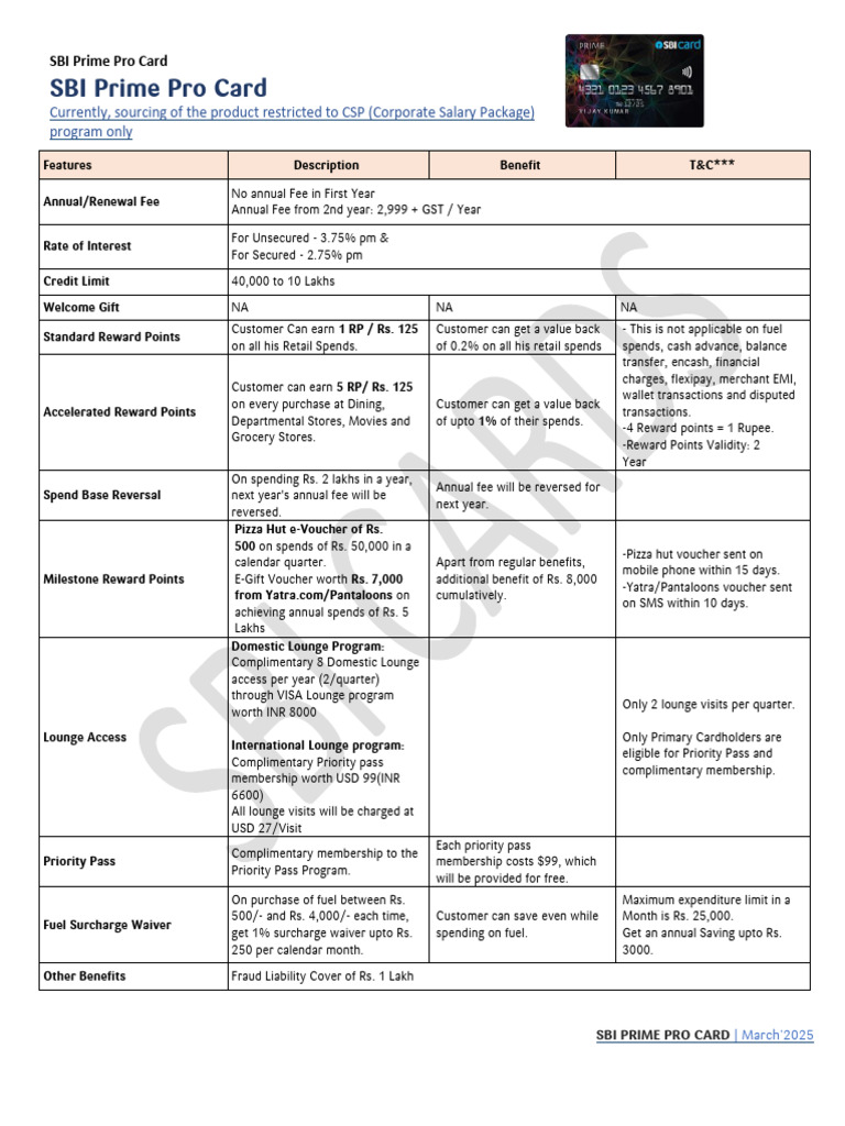 SBI Prime Pro Card Benefits Overview | PDF | Credit Card | Loyalty Program
