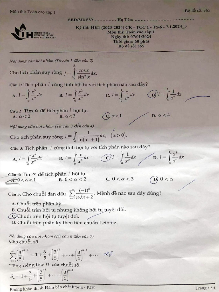 Đề Thi Cuối Kỳ Toán Cao Cấp 1- 2024- IUH | PDF