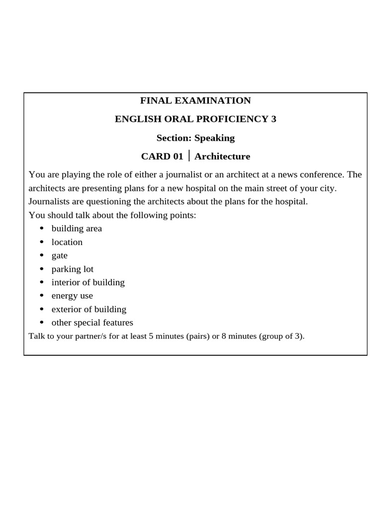 ELS243 Speaking Examination Cards For Sts T NG H P | PDF | Teachers
