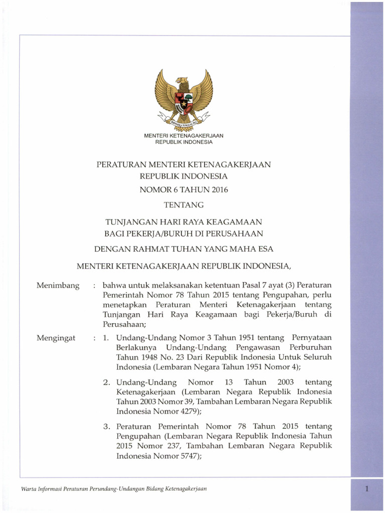 Permenaker Nomor 6 Tahun 2016 Tentang Tunjangan Hari Raya Keagamaan | PDF
