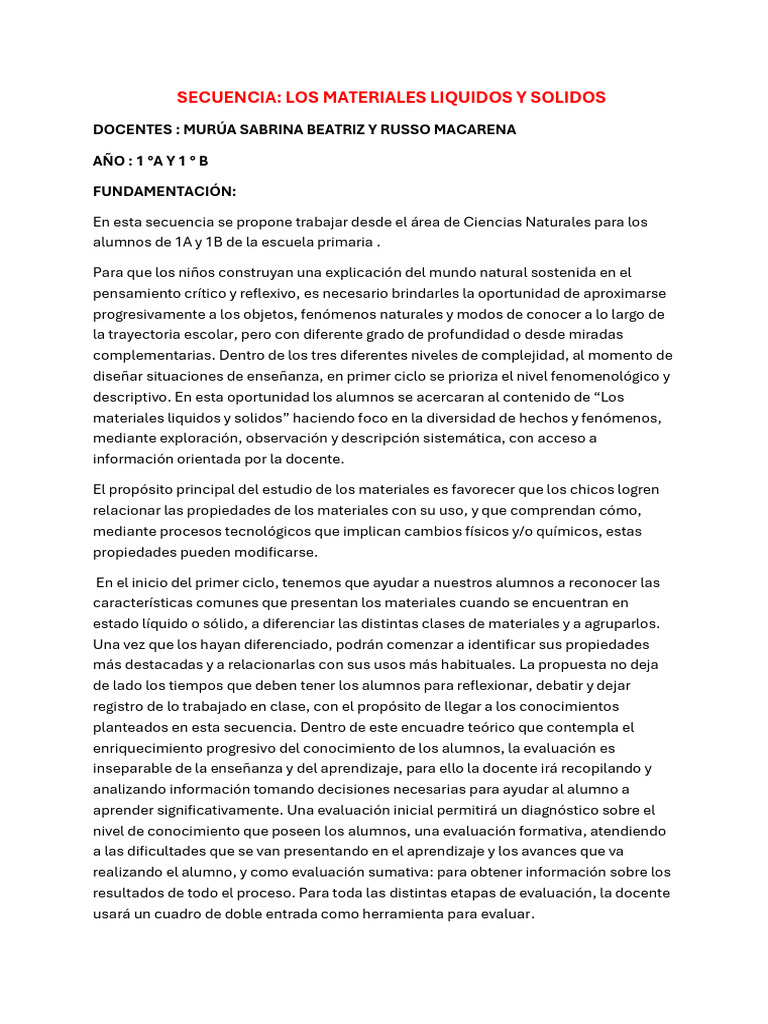 Materiales Líquidos y Sólidos en 1° Grado | PDF | Evaluación | Líquidos