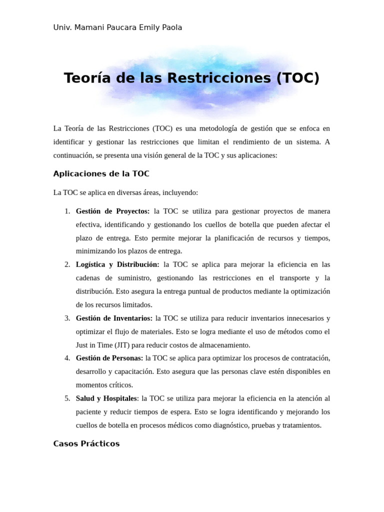 Teoría de Las Restricciones (TOC) : Univ. Mamani Paucara Emily Paola | PDF | Lean Manufacturing ...
