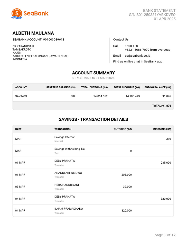 SeaBank Account Statement Summary | PDF | Money | Business Documents