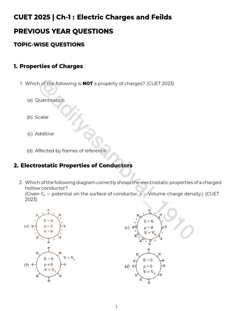 Ch-1 Electric Charges and Feilds CUET PYQ's | PDF | Electric Field | Force