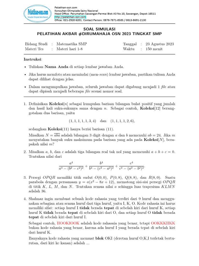 Simulasi OSN Matematika SMP | PDF