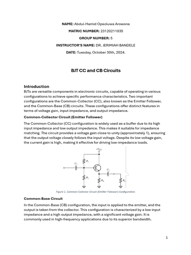 Analogue Lab 2: BJT CC and CB Circuits | PDF | Electrical Impedance ...