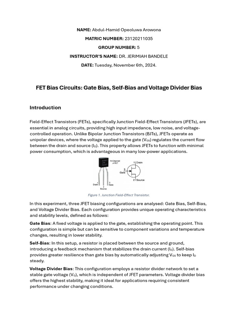 Analogue Lab 3: FET Bias Circuits | PDF | Field Effect Transistor ...