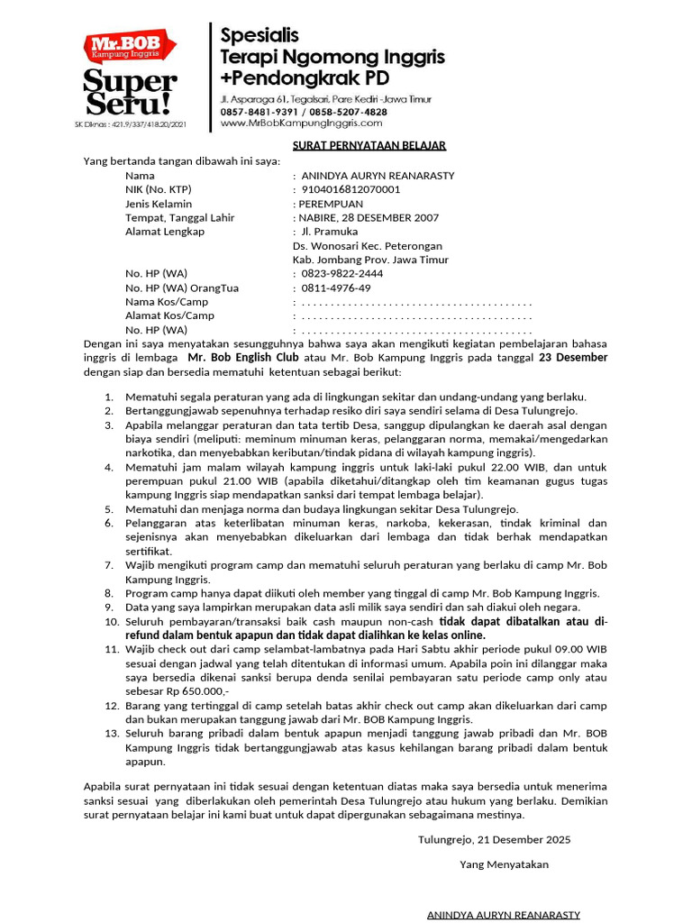 Surat Pernyataan Belajar MR Bob | PDF