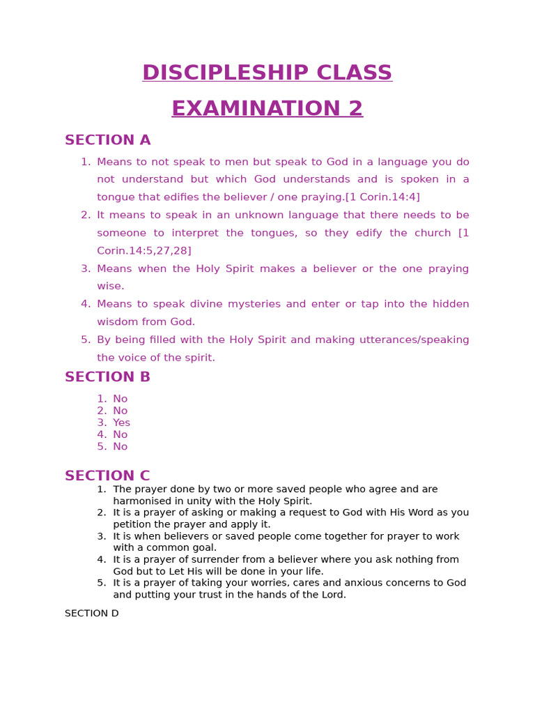 Discipleship Class Examination 2 | PDF
