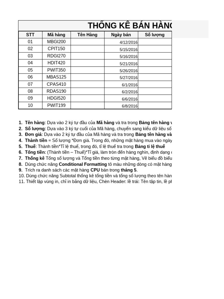 Dữ liệu Excel đề ôn tập chứng chỉ tin học cơ bản- Đề 4- IUH | PDF
