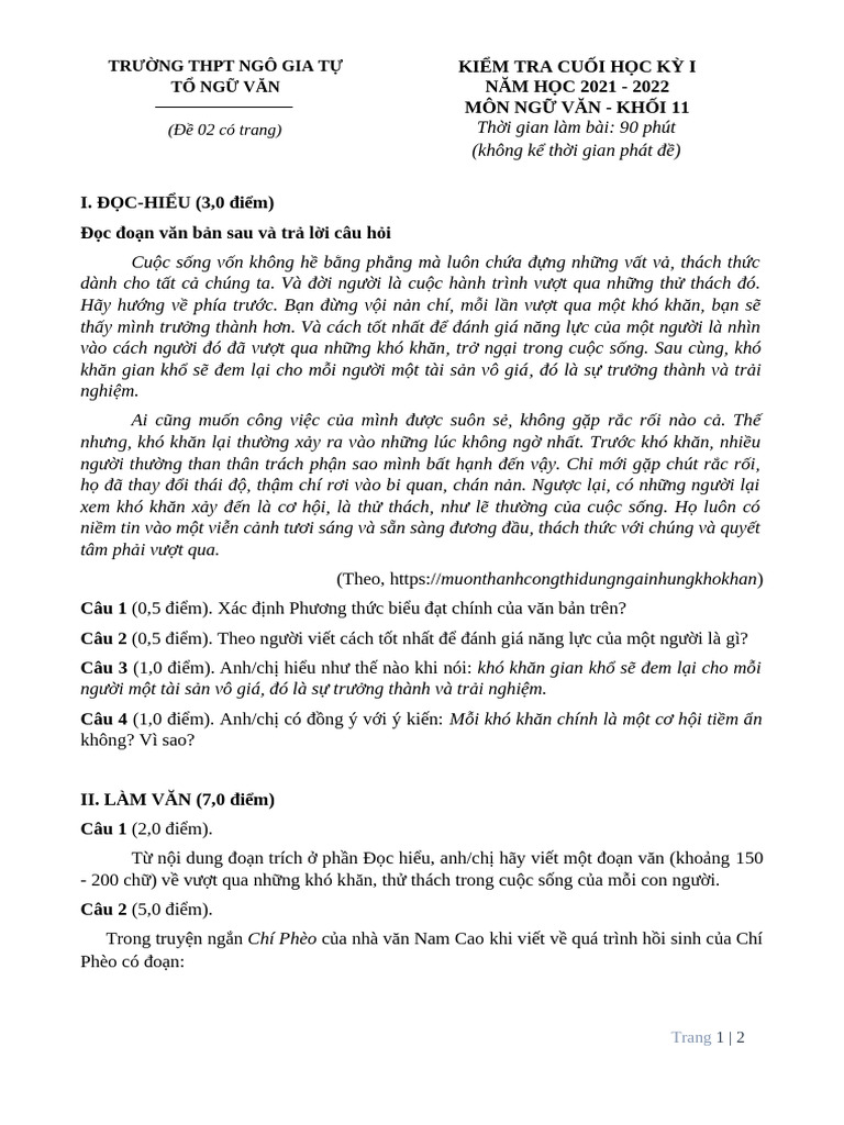 De DAN an VĂN 11 HKI Cuộc Sống Ko Bằng Phẳng | PDF