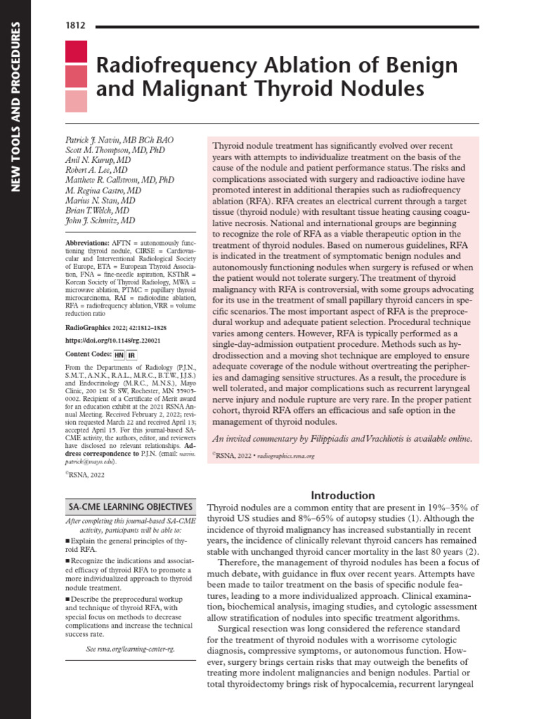 Navin Et Al 2022 Radiofrequency Ablation of Benign and Malignant Thyroid Nodules | PDF | Thyroid ...