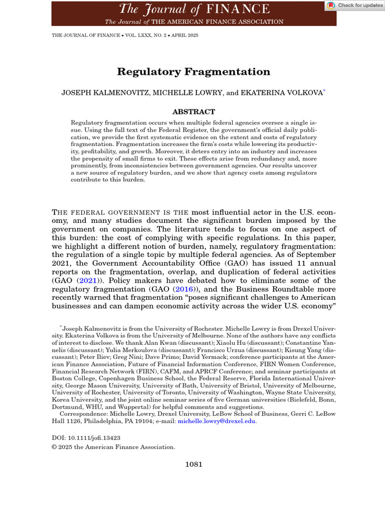 The Journal of Finance - 2025 - KALMENOVITZ - Regulatory Fragmentation ...