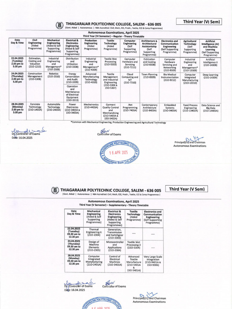 I, II & III Year Theory Timetable April 2025 | PDF
