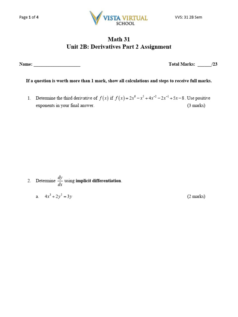 Math 31 Derivatives Assignment 2B | PDF