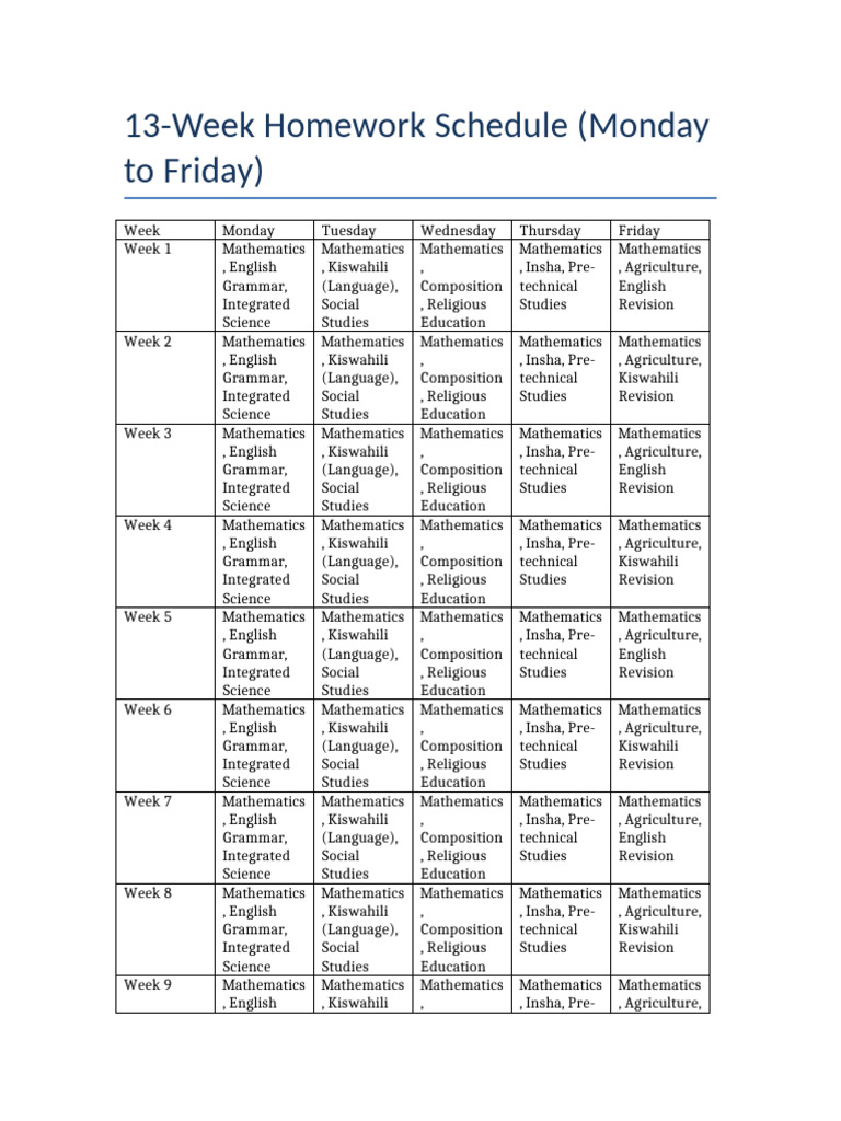 13 Week Homework Schedule | PDF