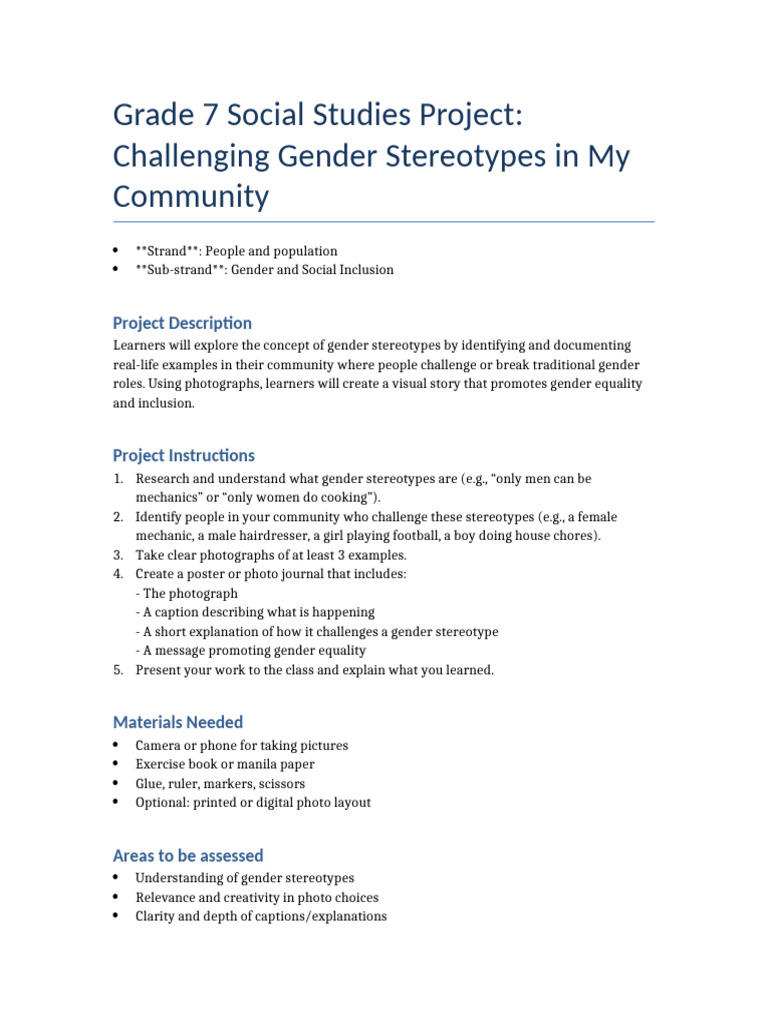 Gender Stereotypes Project Grade7 | PDF
