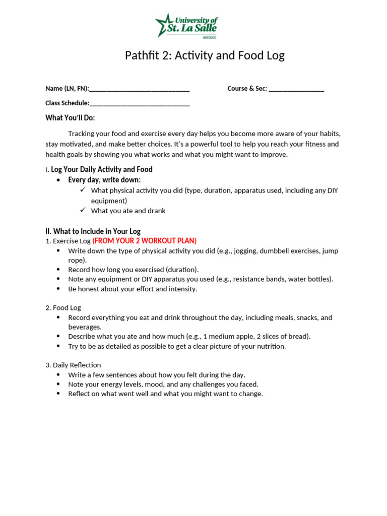 Pathfit 2 Activity and Food Log | PDF | Meal | Lunch