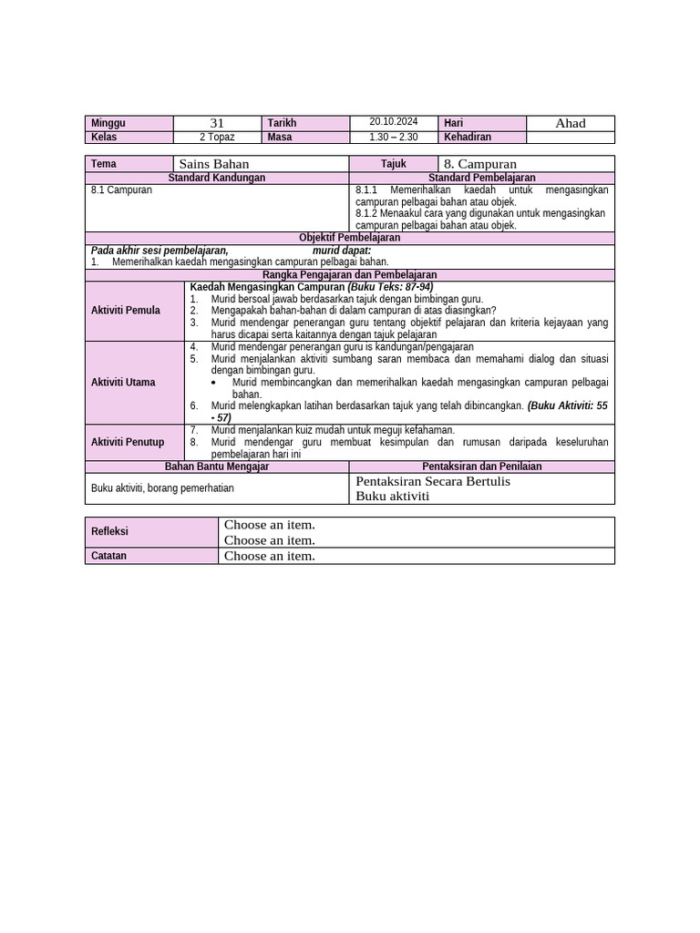 Lesson Plan English Year 1 (PPD JPN) | PDF | Teachers | Vocabulary
