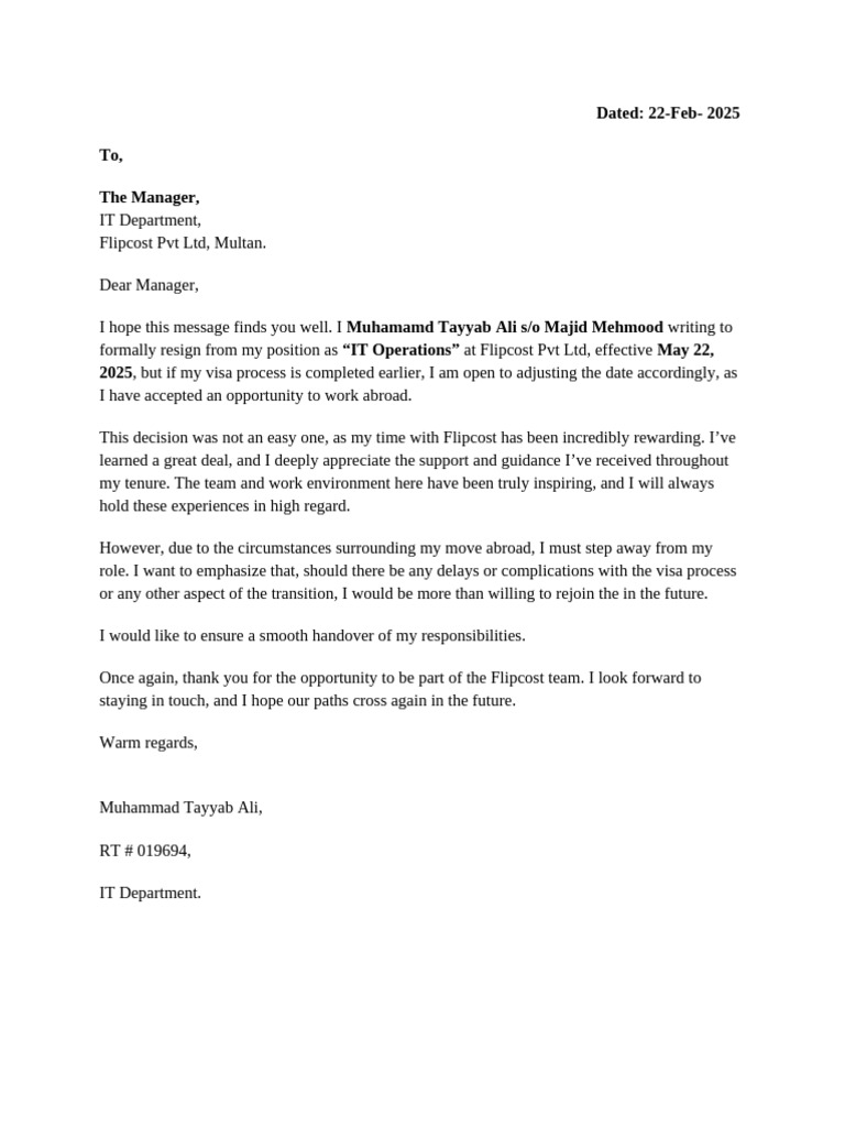 Resignation Letter from IT Operations | PDF