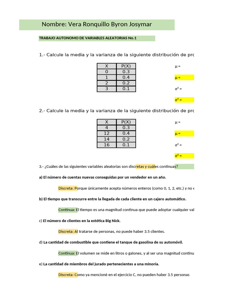 Trabajo Autonomo de Variables Aleatorias No.1 Byron Josymar Vera Ronquillo | PDF | Diferencia ...