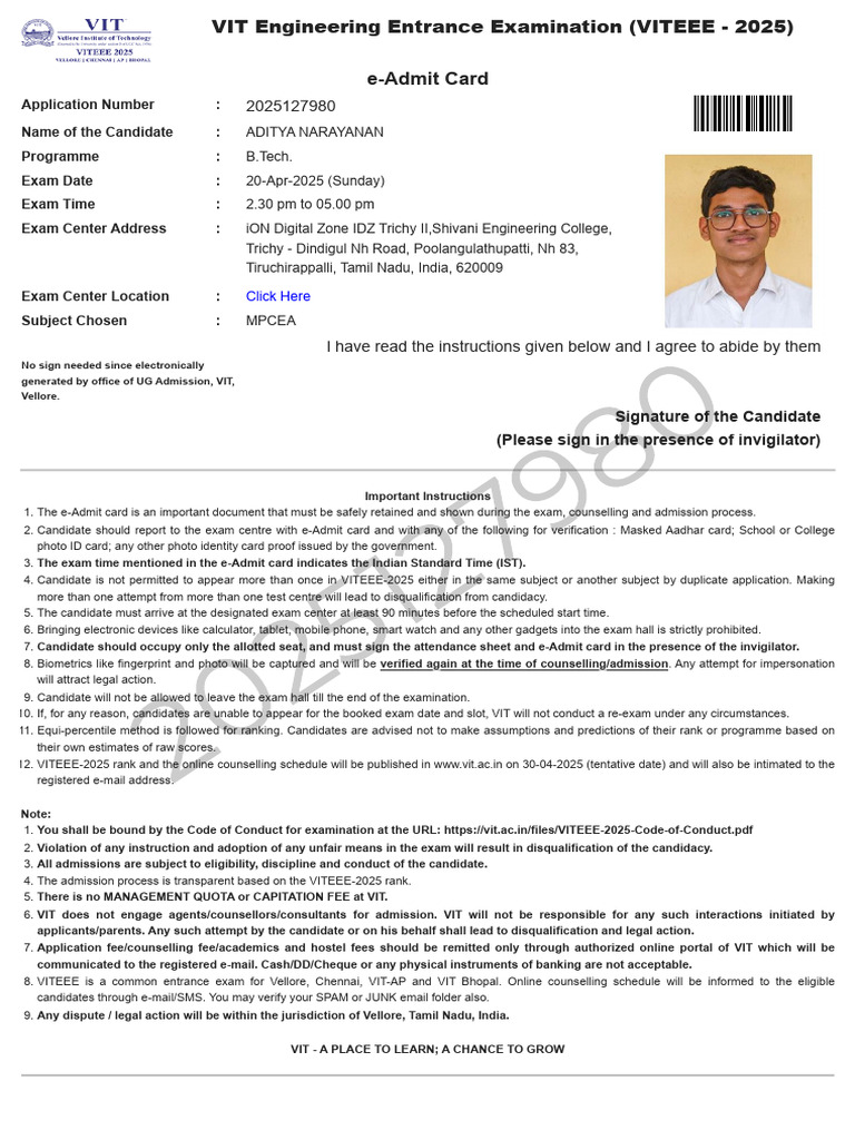 VITEEE 2025 (Online Test Booking System) | PDF