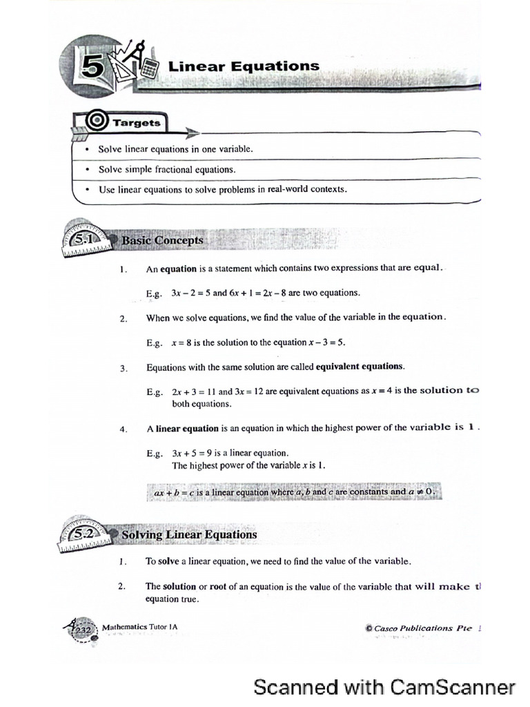 Maths Tutor Sec 1 Chapter 5, Linear Equations | PDF