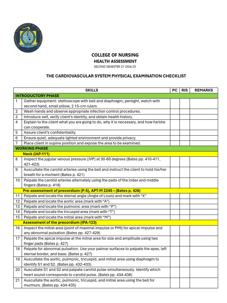 Cardiovascular Exam Checklist | PDF | Pulse | Cardiovascular System