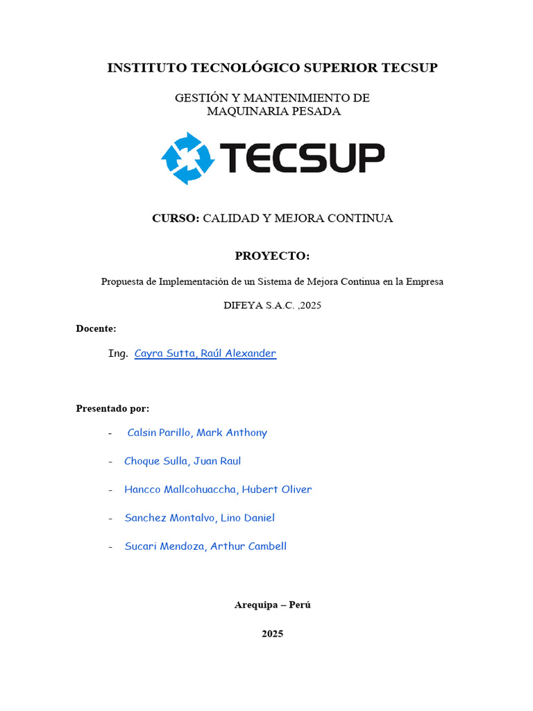 - Modelo Del Informe de Proyecto Final Calidad y Mejora Continua - TECSUP' Contigo | PDF | Lean ...