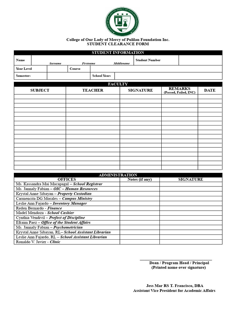 Student Clearance Form Template | PDF
