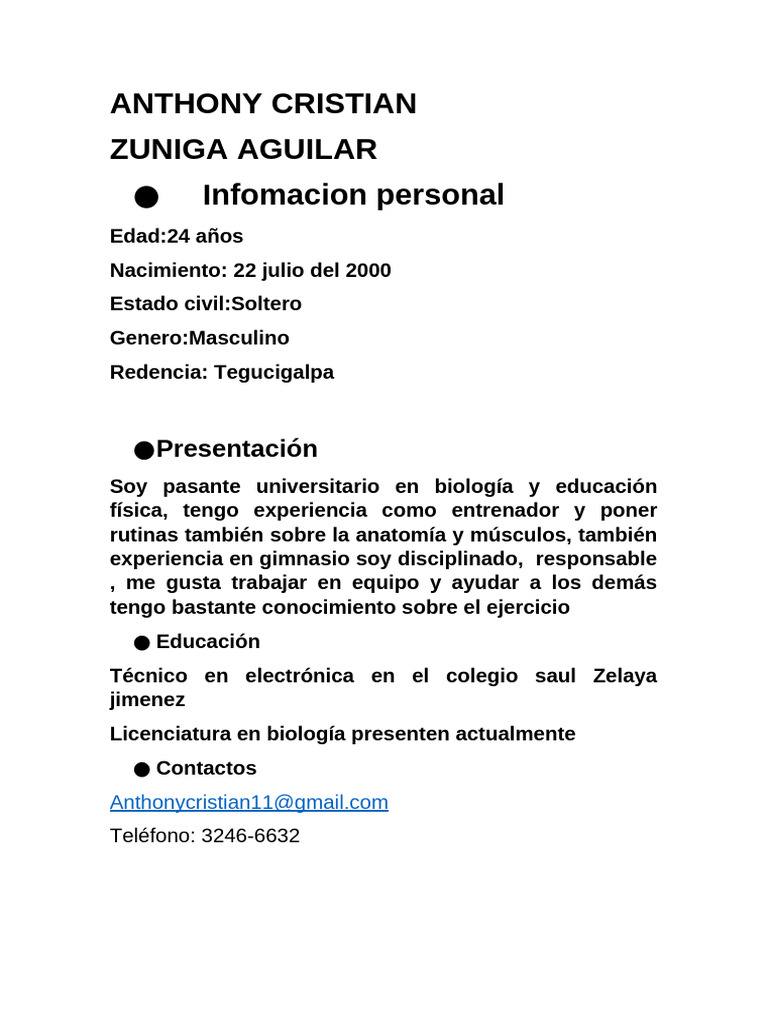 Anthony Cristian Zuniga Aguilar Infomacion Personal: Presentación | PDF