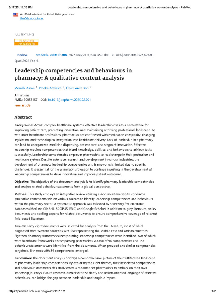 Leadership Competencies and Behaviours in Pharmacy A Qualitative ...