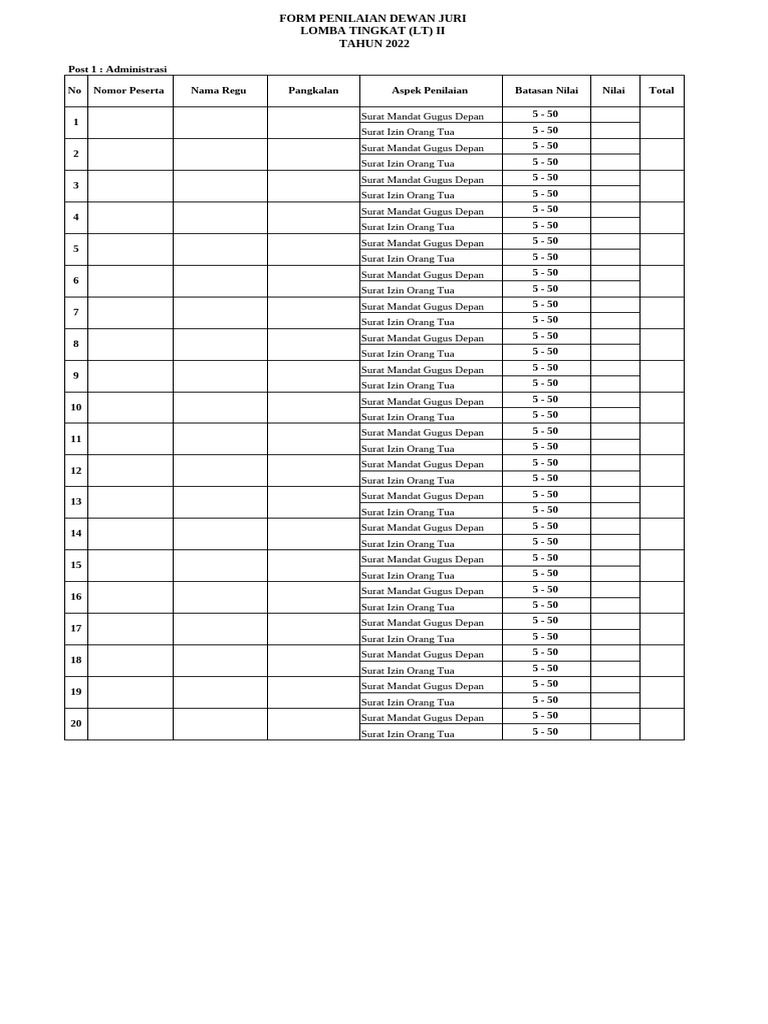 Form Penilaian Lomba LT II 2022 | PDF