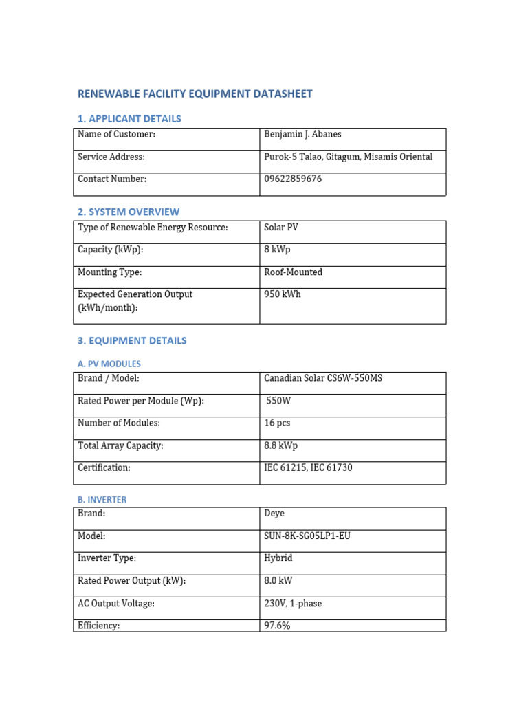 Edited Renewable Facility Equipment Datasheet | PDF
