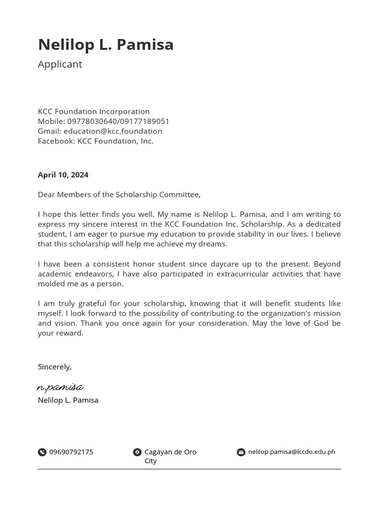 KCC Foundation Scholarship Application Letter | PDF