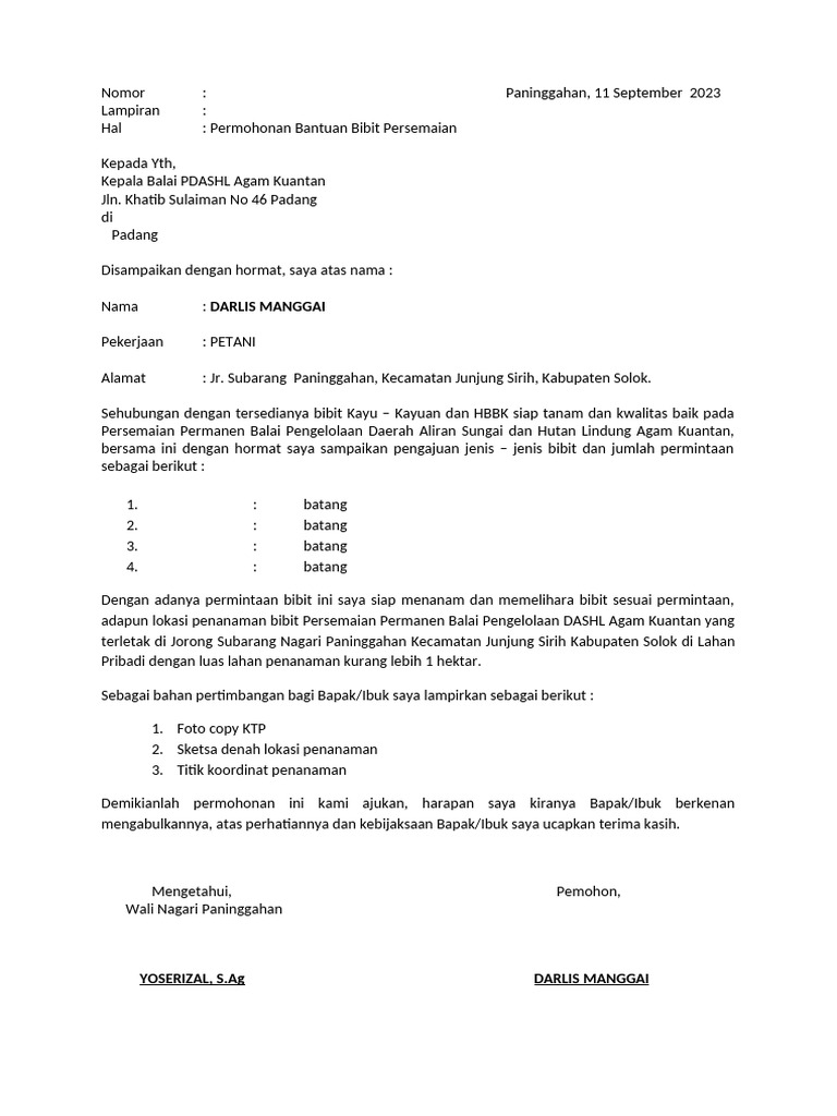 BPDASHL - Surat Permohonan Bibit | PDF