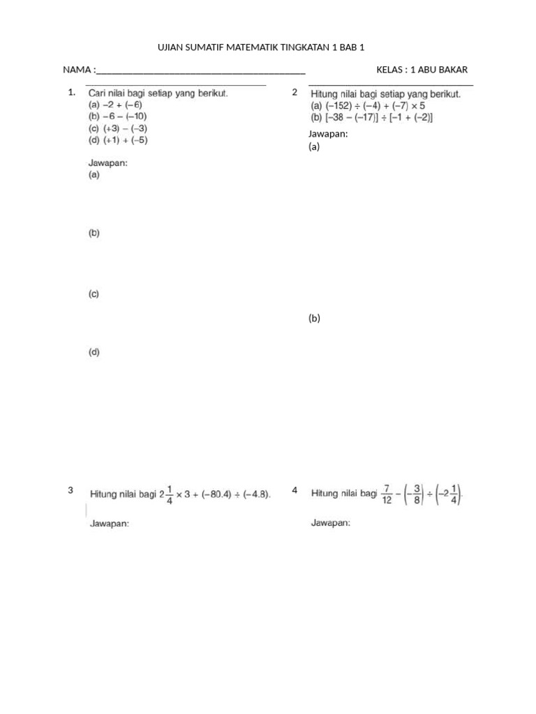 Ujian Sumatif Matematik Tingkatan 1 Bab 1 | PDF
