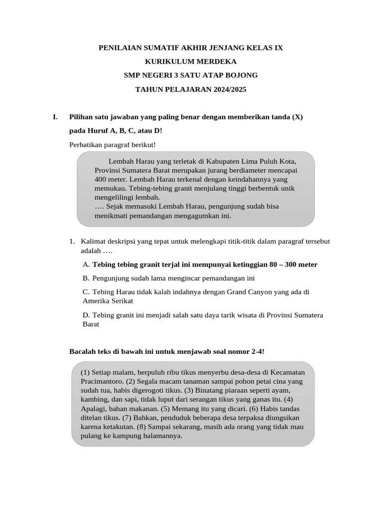 Soal Latihan Psaj Bahasa Indonesia | PDF