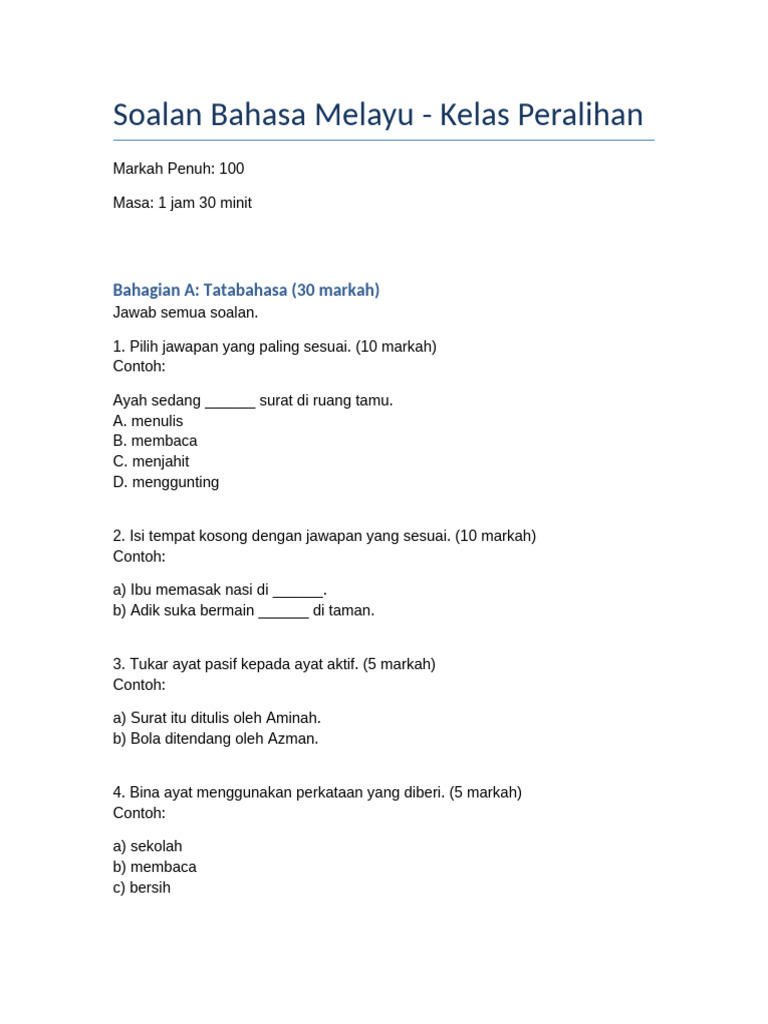 Soalan Bahasa Melayu Peralihan KemasKini | PDF