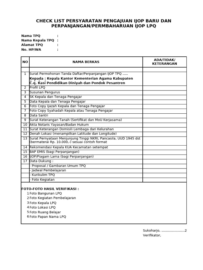 FORM CHECK LIST KEMENAG SKH | PDF