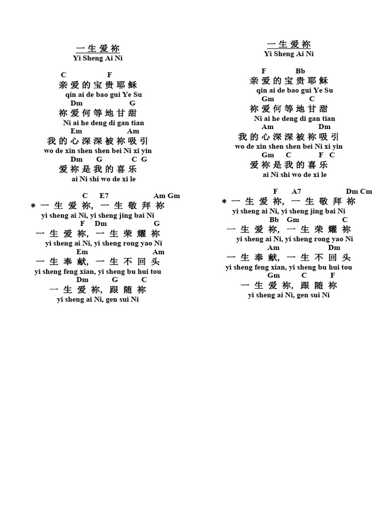 Yi Sheng Ai Ni 一生爱祢 C, F, G | PDF