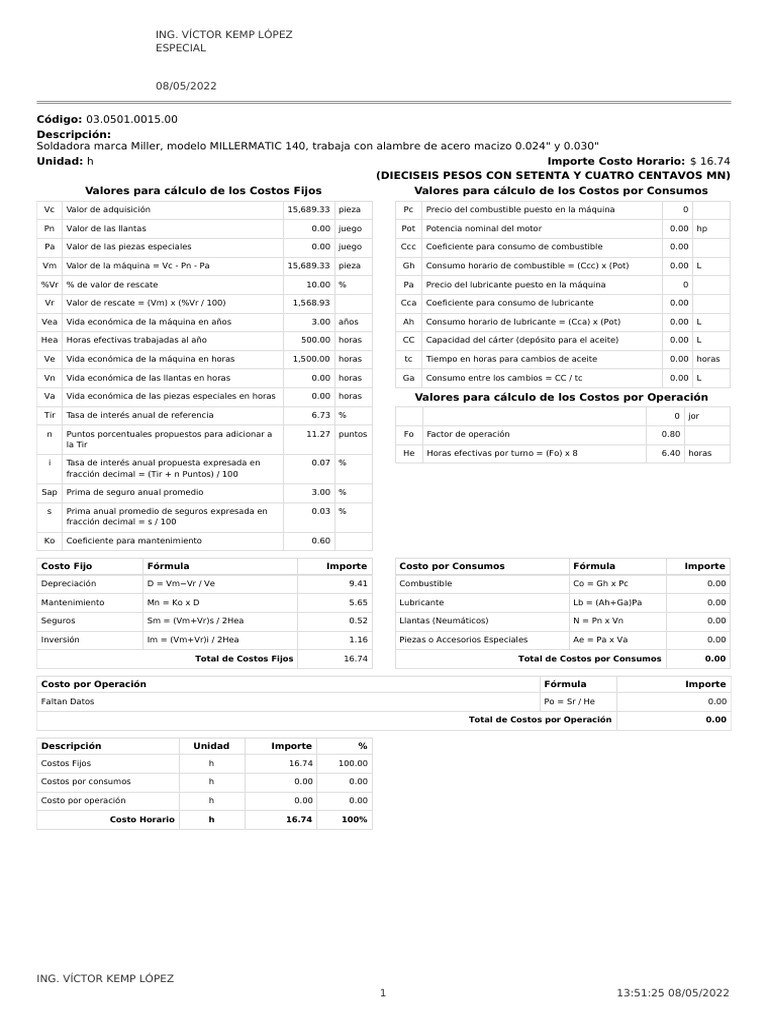 Reporte - FICHAS DE COSTOS HORARIOSespeci | PDF | Materiales | Ingeniería mecánica