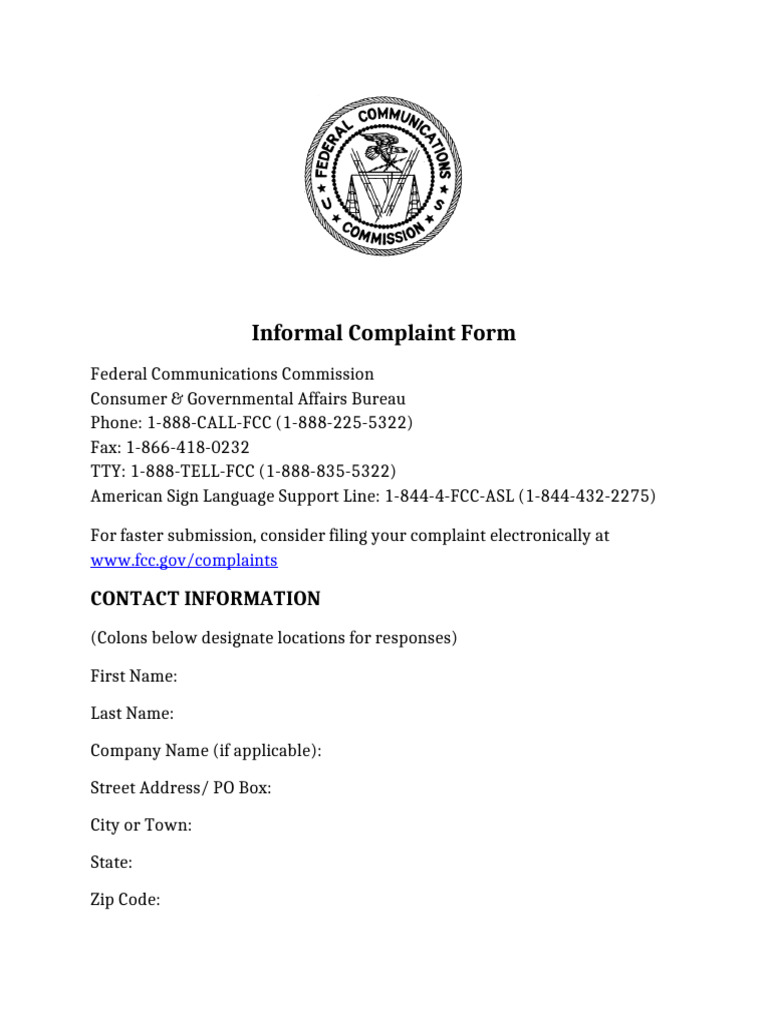 Complaint Form | PDF | Federal Communications Commission | Service ...