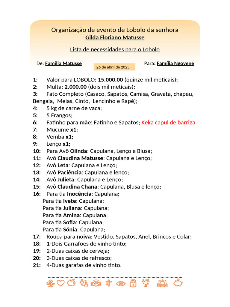Necessidades para o Lobolo de Gilda | PDF