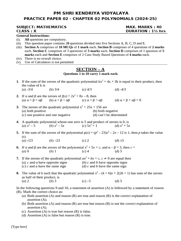 Maths Class X Chapter 02 Polynomials Practice Paper 02 2024 | PDF ...