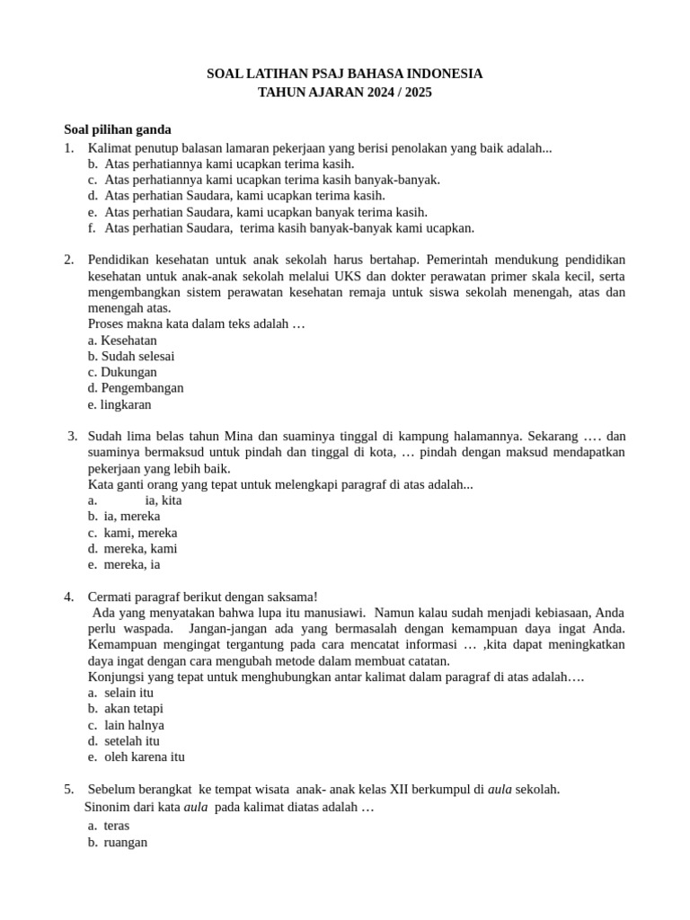 SOAL LATIHAN PSAJ BAHASA INDONESIA 2024-2025 | PDF