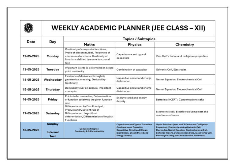 PW Gurukul COE CHD - 12th JEE Weekly Planner (12th May To 18th May) | PDF | Electrochemistry ...