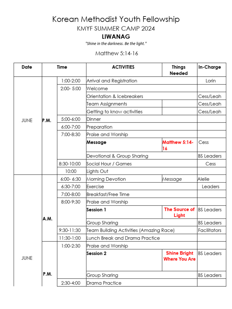 Kmyf Summer Camp Schedule | PDF