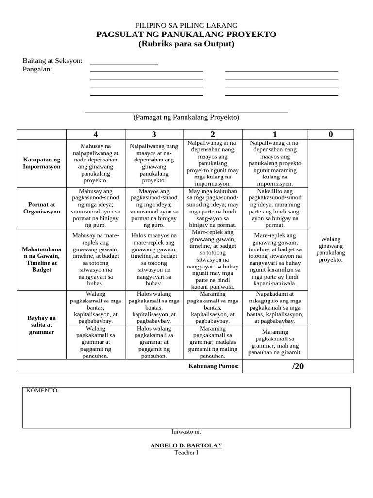 Aralin 5 Rubriks Sa Panukalang Proyekto | PDF